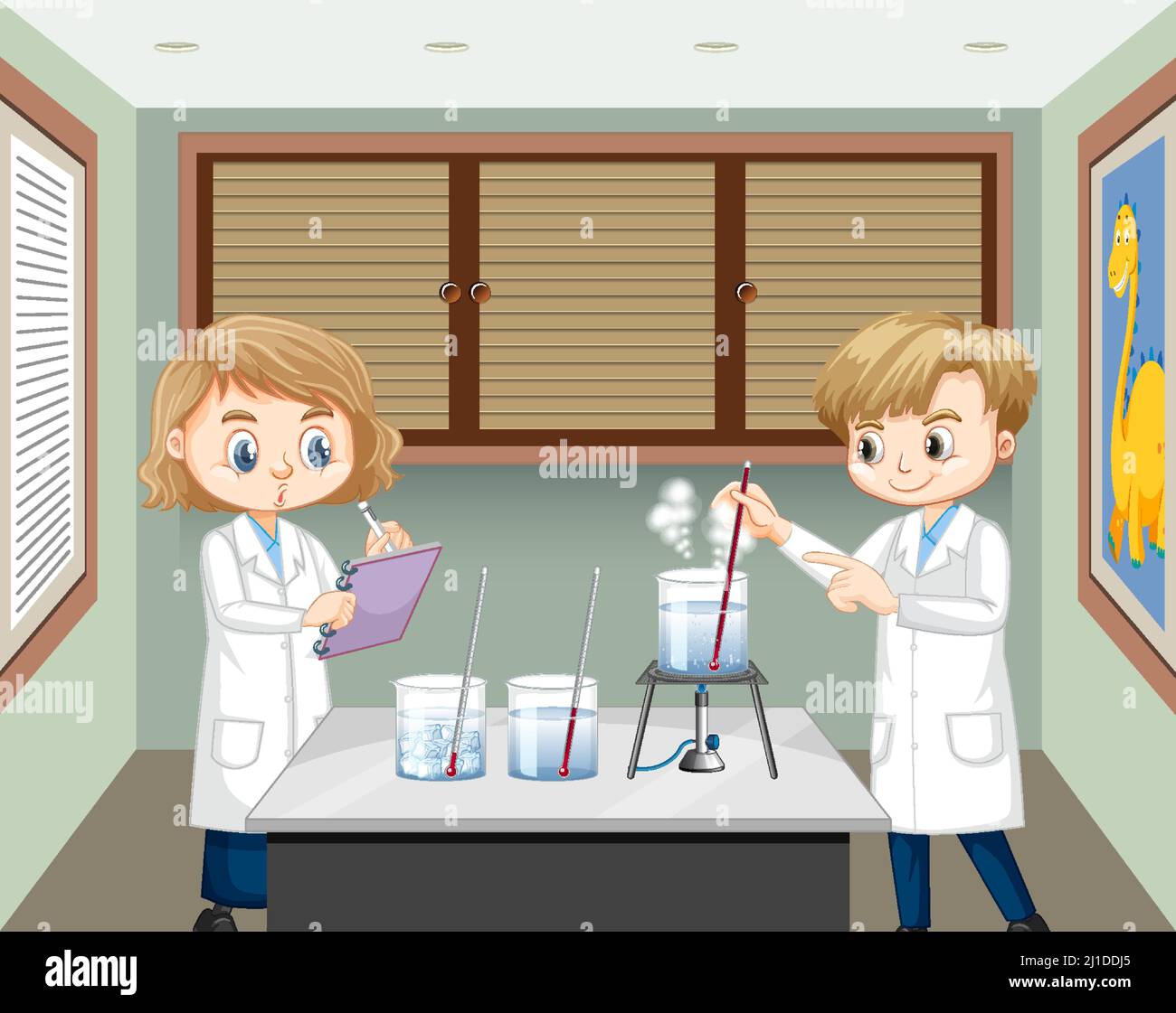 Scientist kids explaining water temperature experiment illustration ...