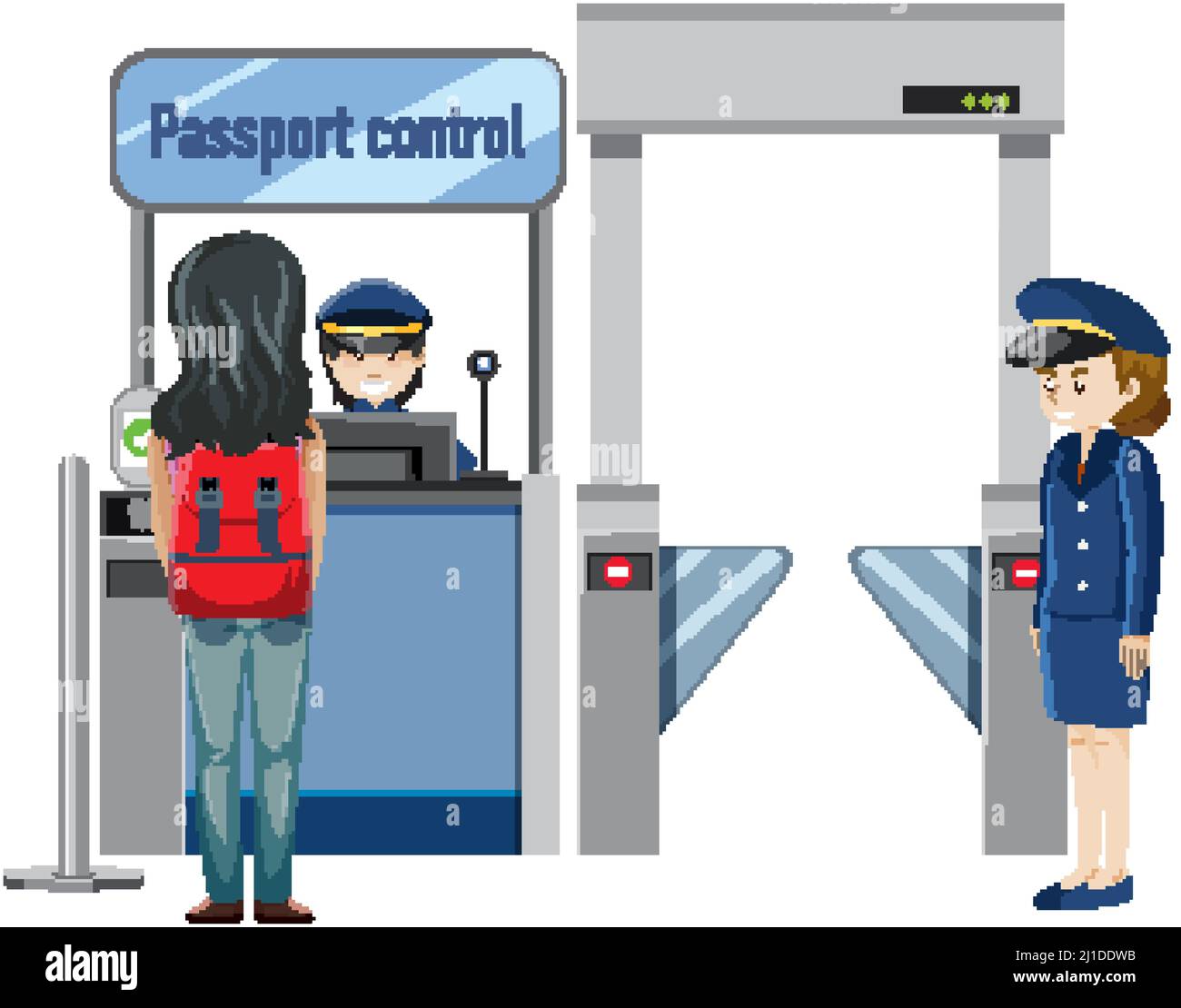 A passenger waiting at passport control counter with security officer ...