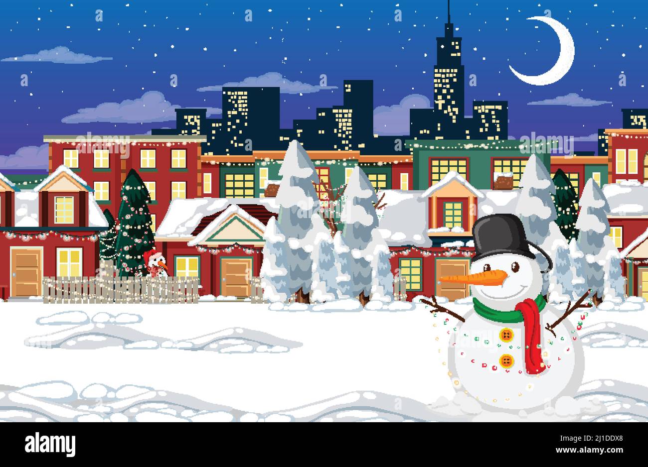 Winter snowy night town with a snowman illustration Stock Vector Image ...