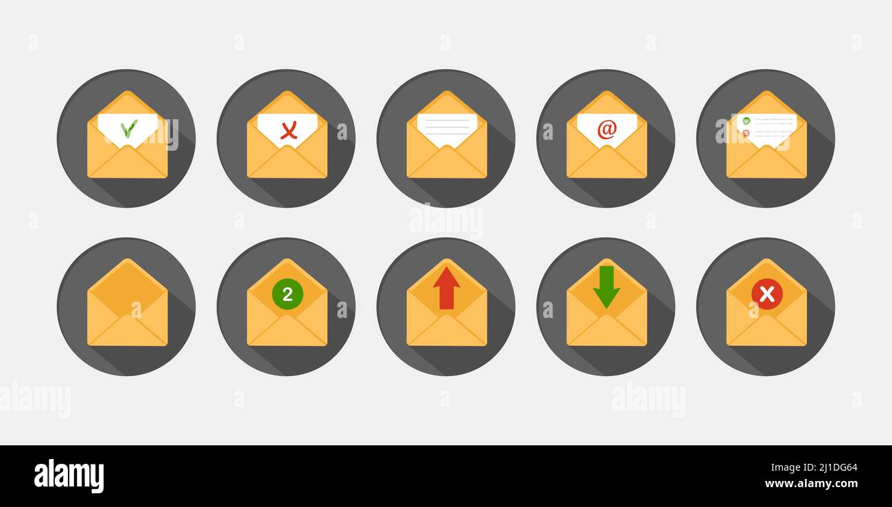 Mail envelopes icon set. Receiving SMS messages, notifications ...