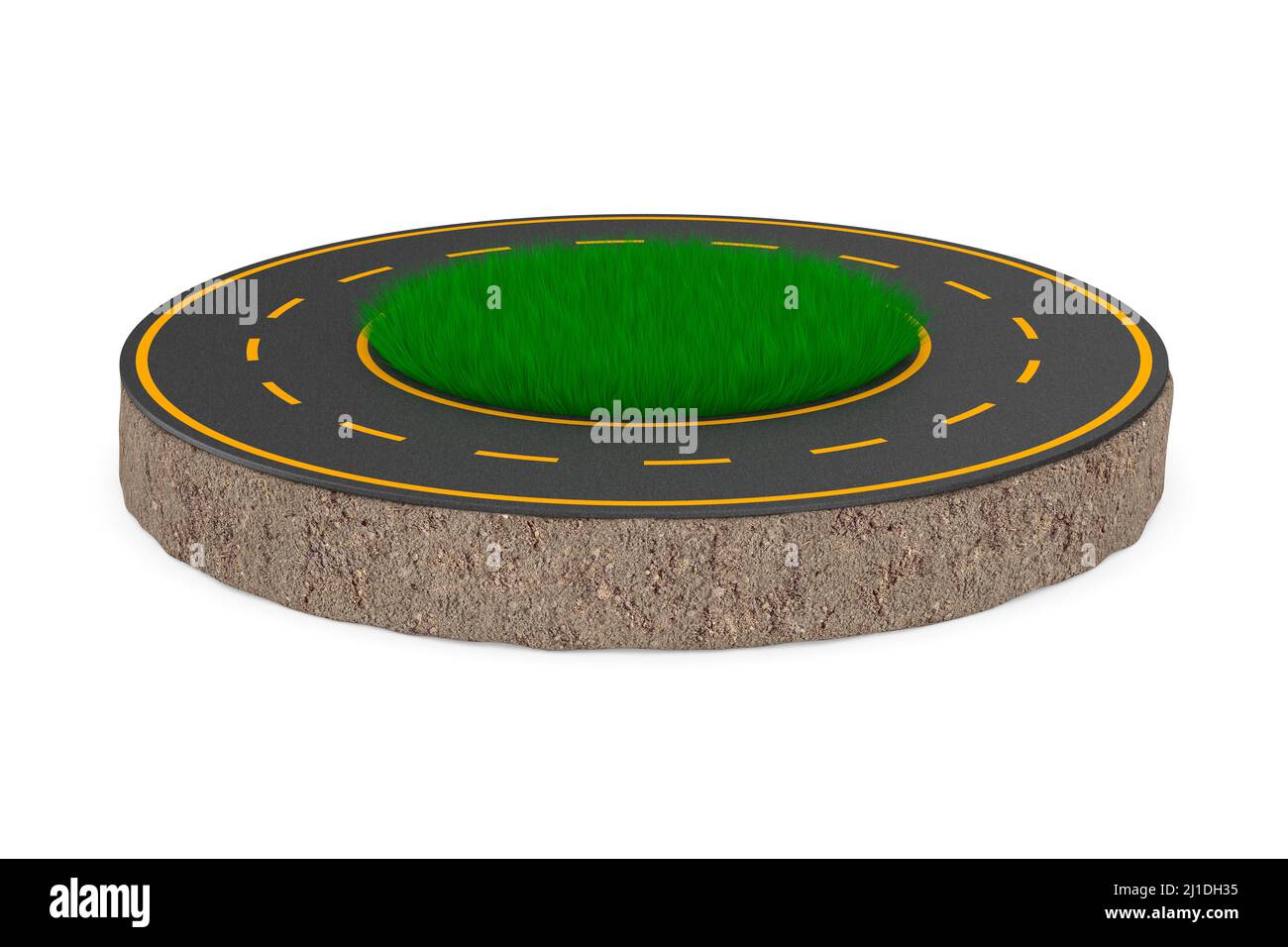 road and round soil ground with green grass on white background ...