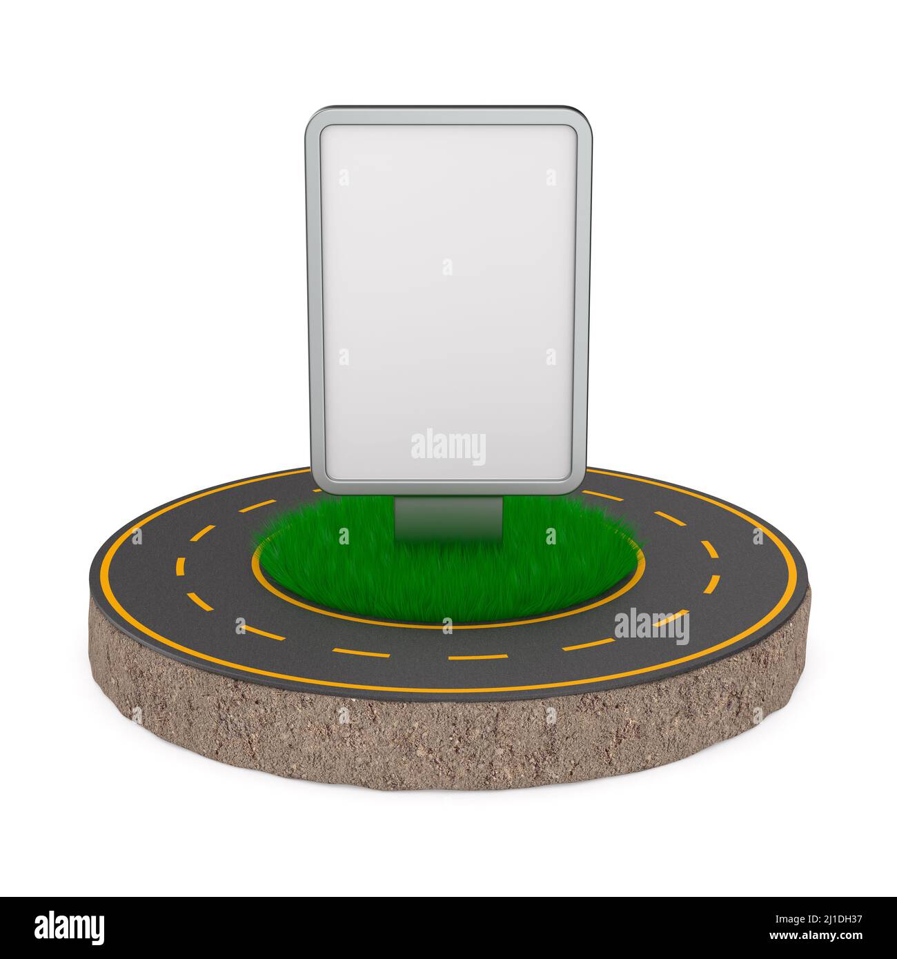 road and round soil ground with green grass on white background ...