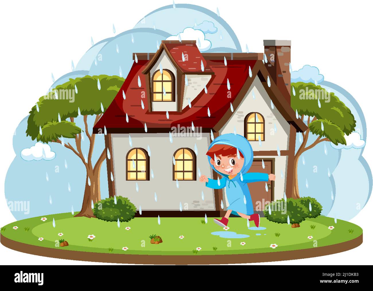 Happy boy playing raining in front of house cartoon illustration Stock ...