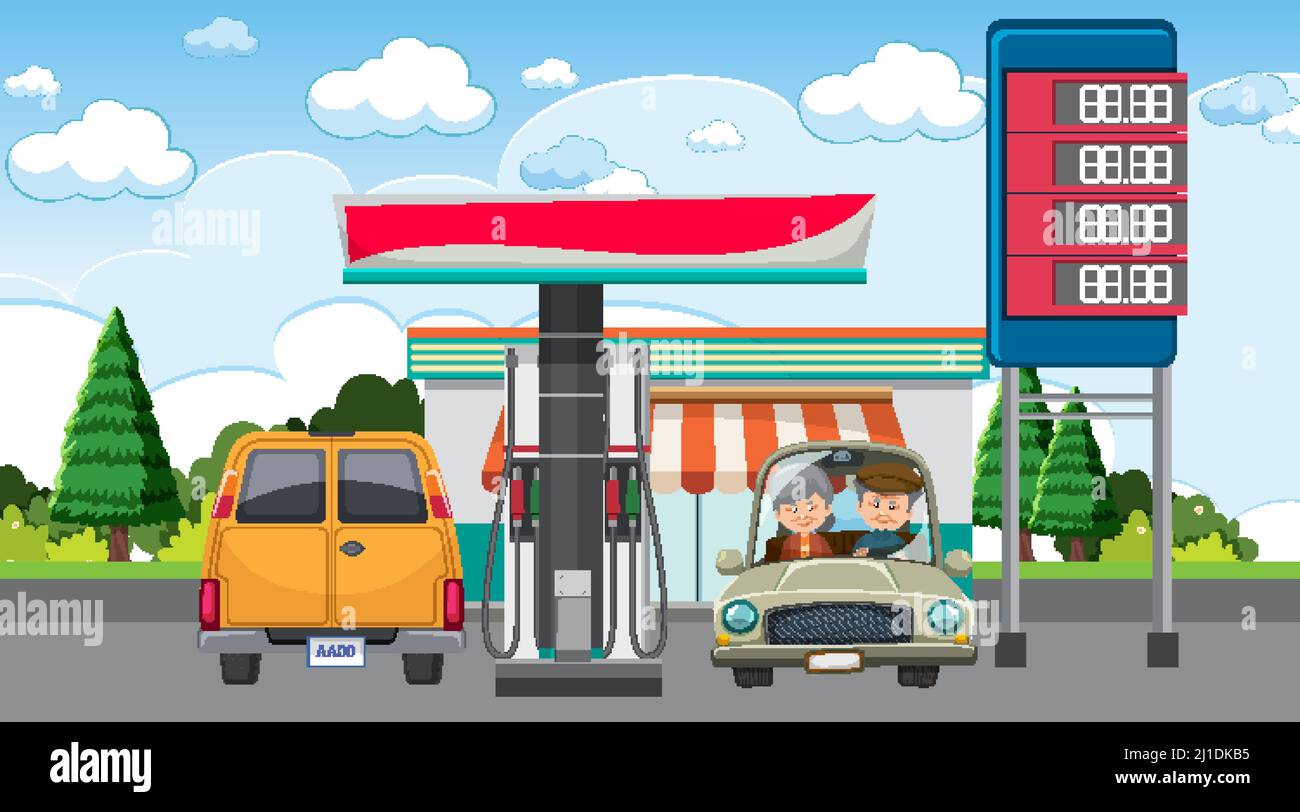 Gas station cartoon scene illustration Stock Vector Image & Art - Alamy