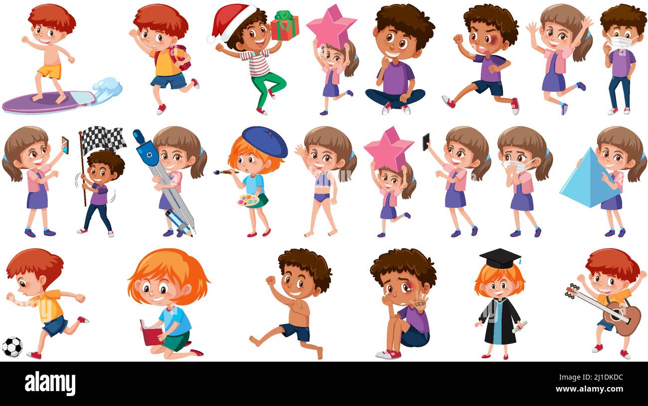Set of children doing different activities on white background ...