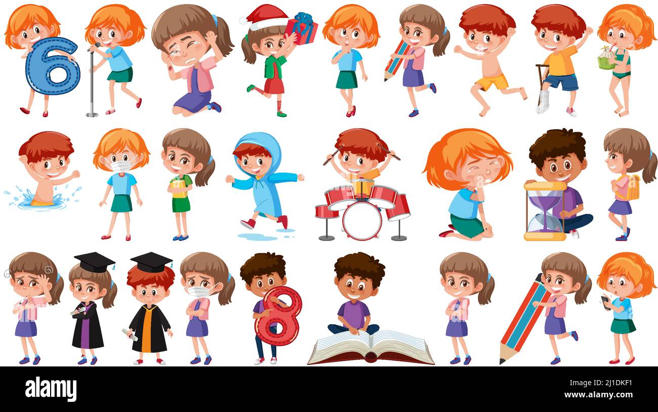Set of children doing different activities on white background ...