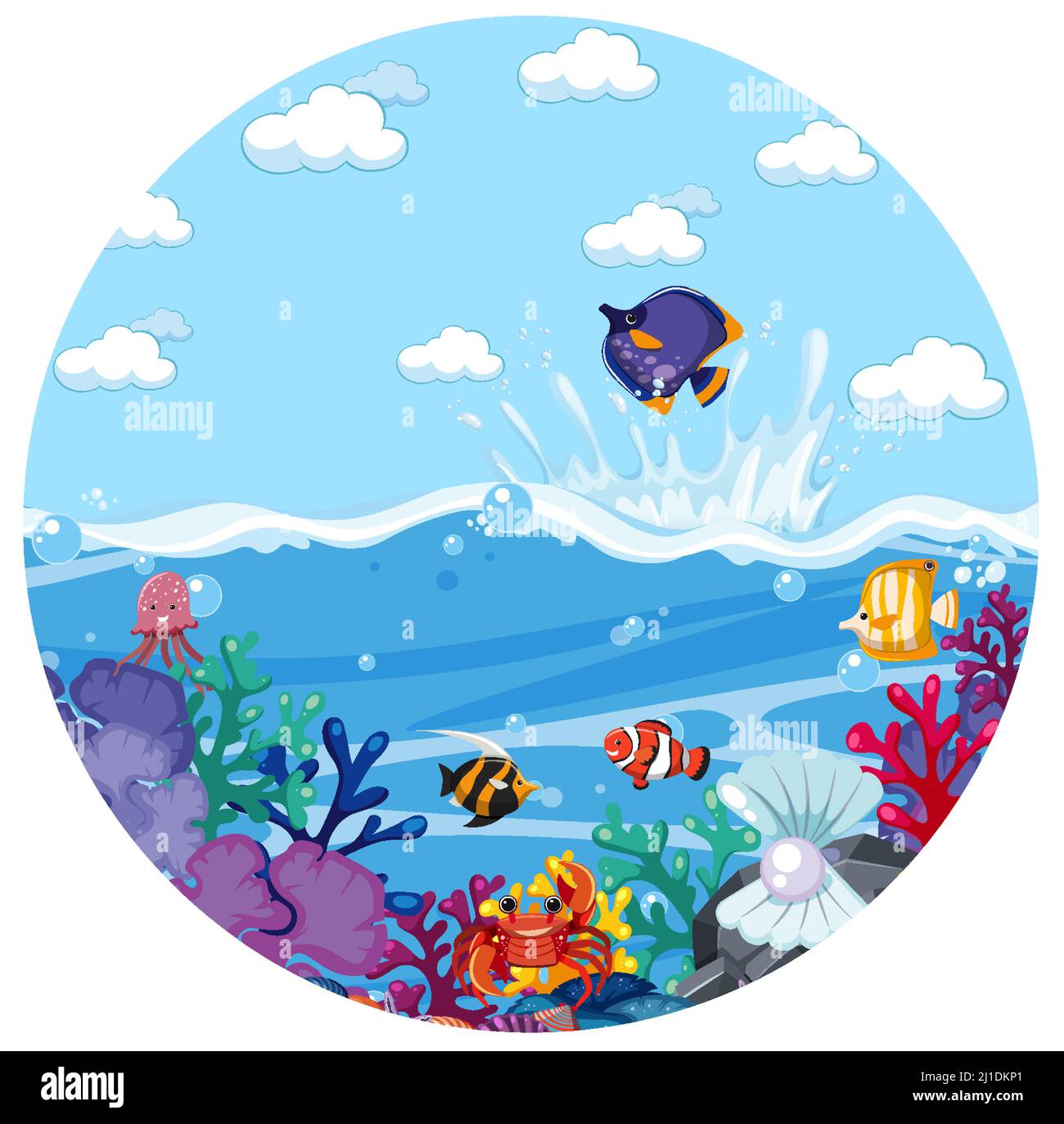 A water splash scene with fish on white background illustration Stock ...