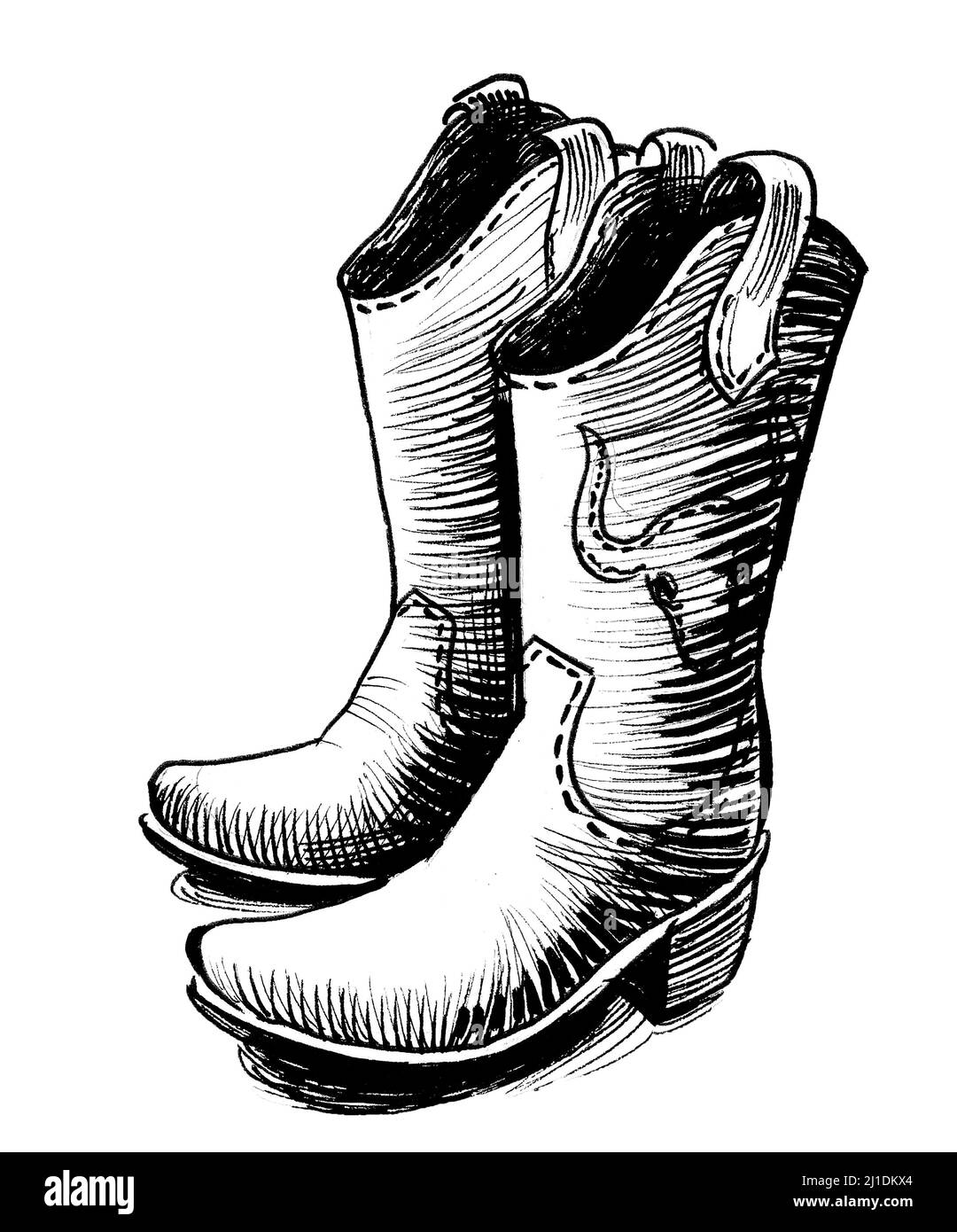 Pair of cowboy boots. Ink black and white drawing Stock Photo - Alamy