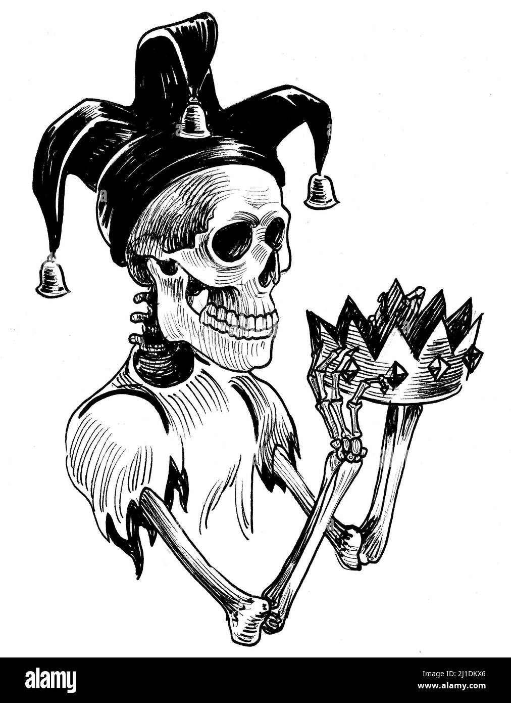 Dead jester with a crown. Ink black and white drawing Stock Photo - Alamy