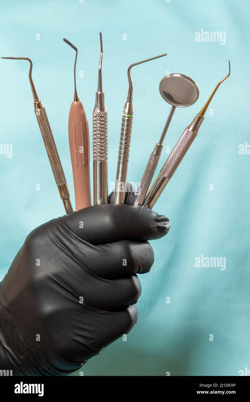 Set of metal dental instruments for teeth dental care Stock Photo - Alamy