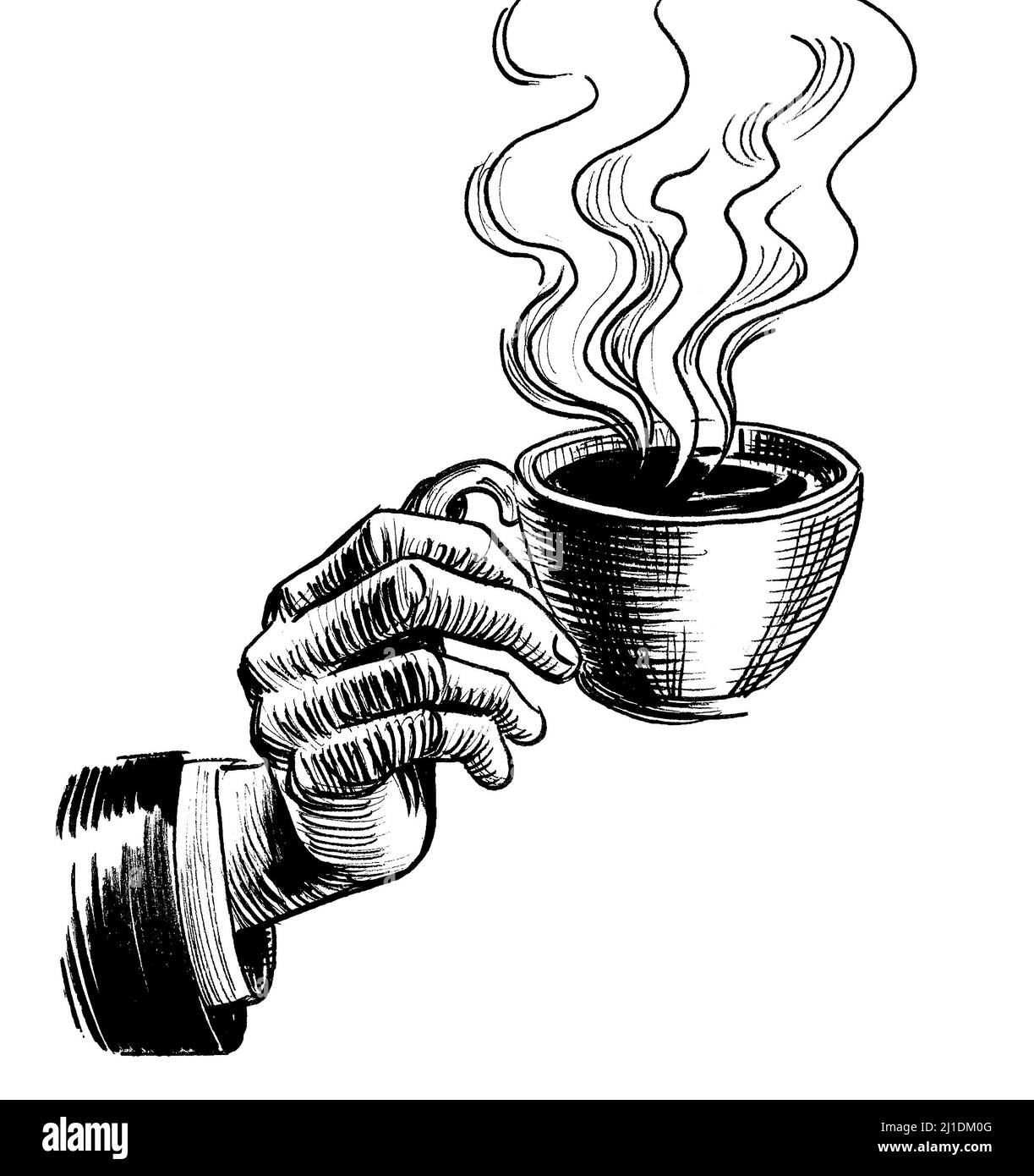 Hand with a cup of coffee. Ink black and white drawing Stock Photo - Alamy