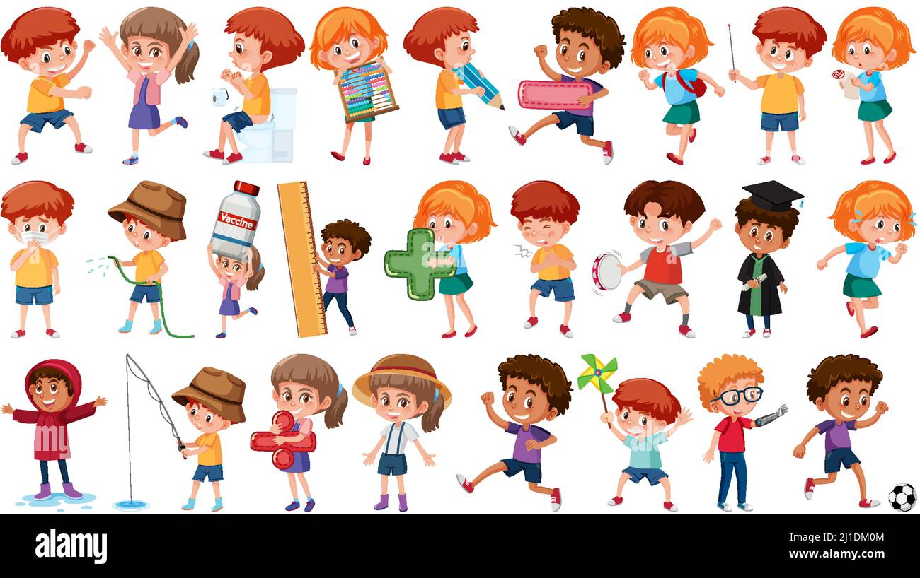 Set of children doing different activities on white background ...