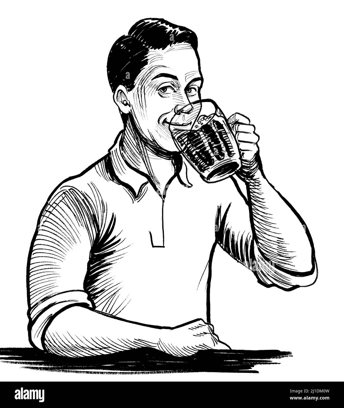 Happy man drinking a mug of beer. Ink black and white drawing Stock ...