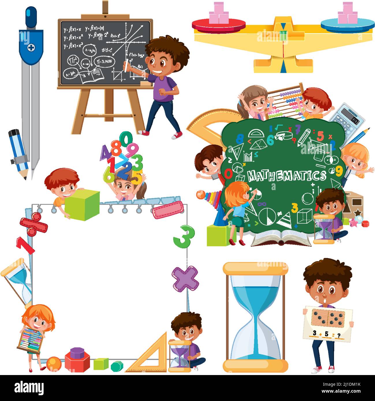 Math classroom objects with supplies and students illustration Stock ...