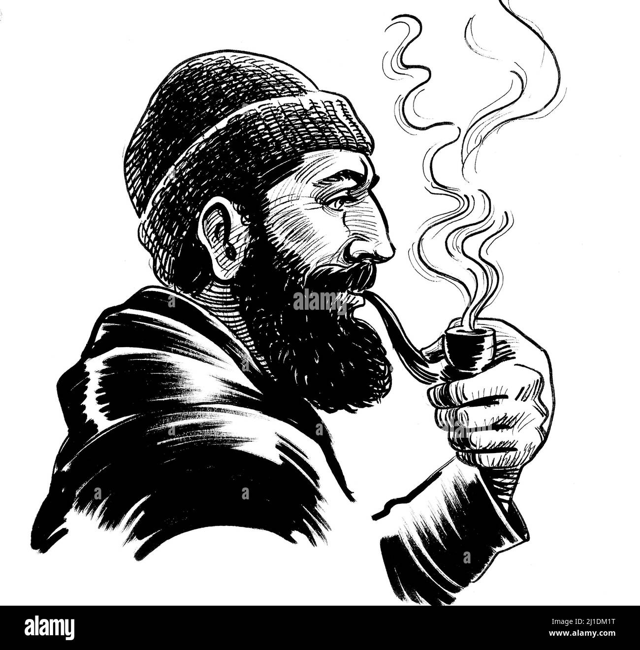 Fisherman with smoking pipe. Ink black and white drawing Stock Photo ...