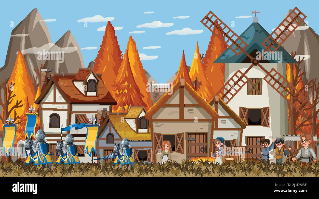 Medieval town scene with villagers illustration Stock Vector Image ...