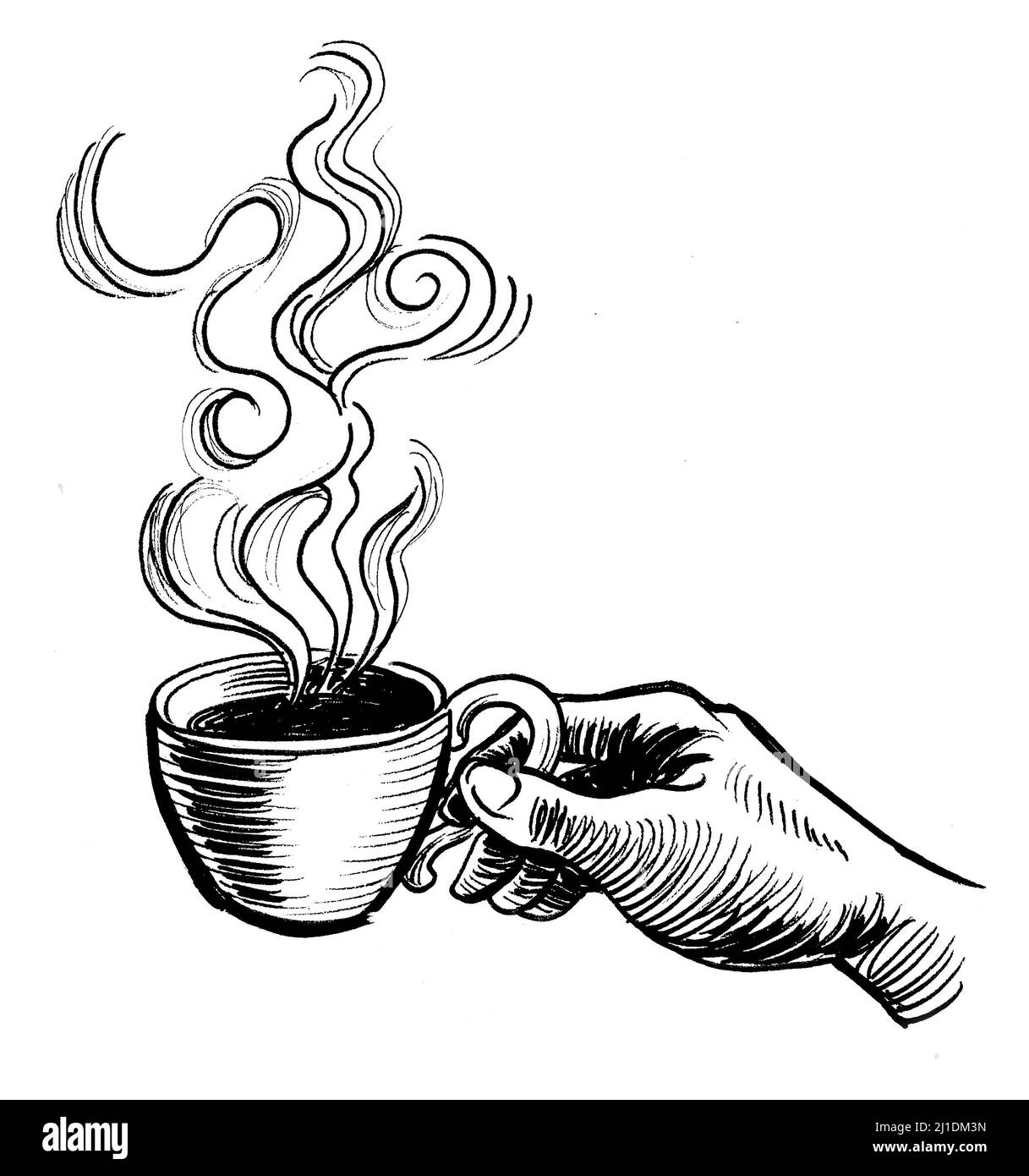 Hand with a cup of coffee. Ink black and white drawing Stock Photo - Alamy