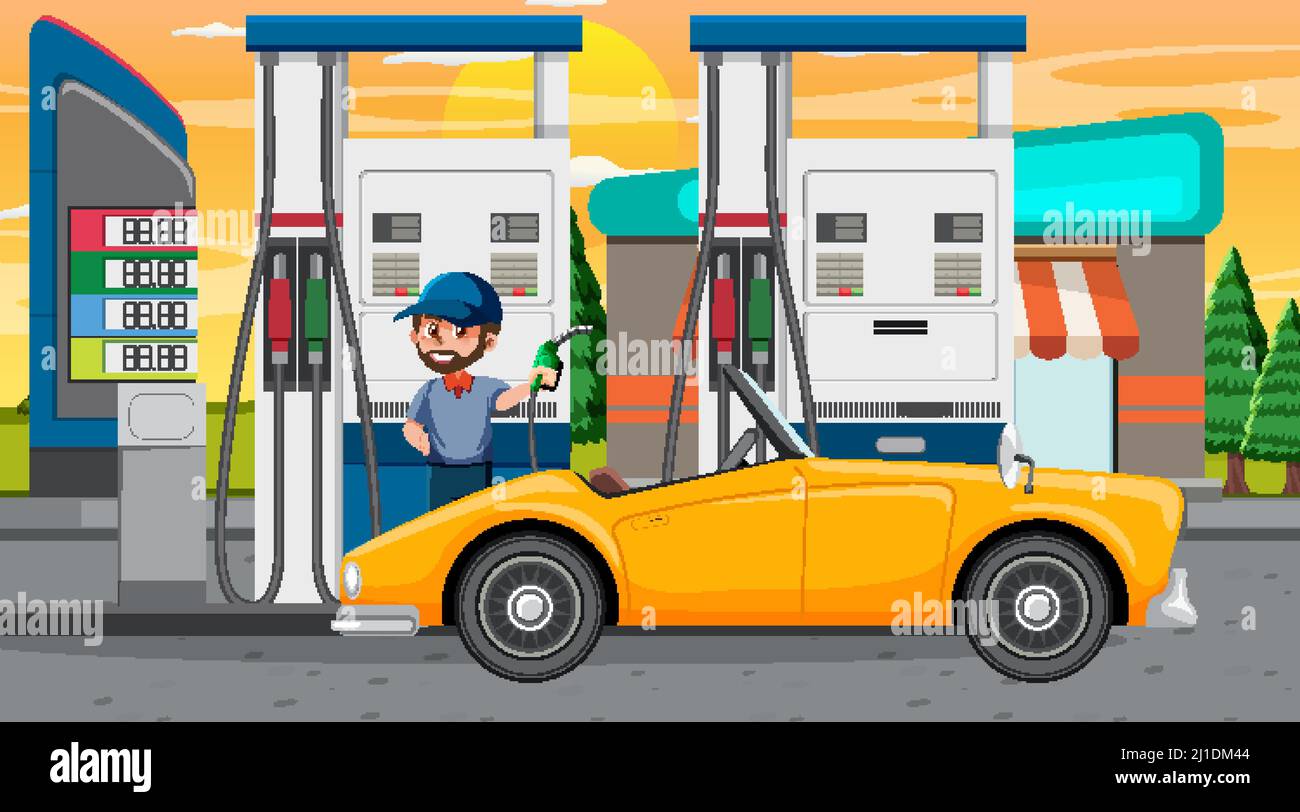 Gas station cartoon scene illustration Stock Vector Image & Art - Alamy