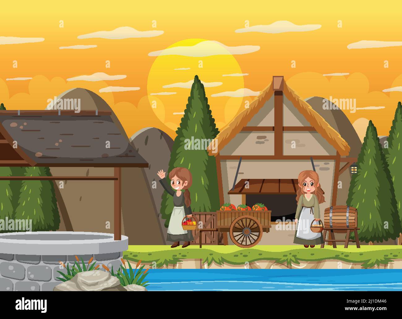 Medieval town scene with villagers illustration Stock Vector Image ...