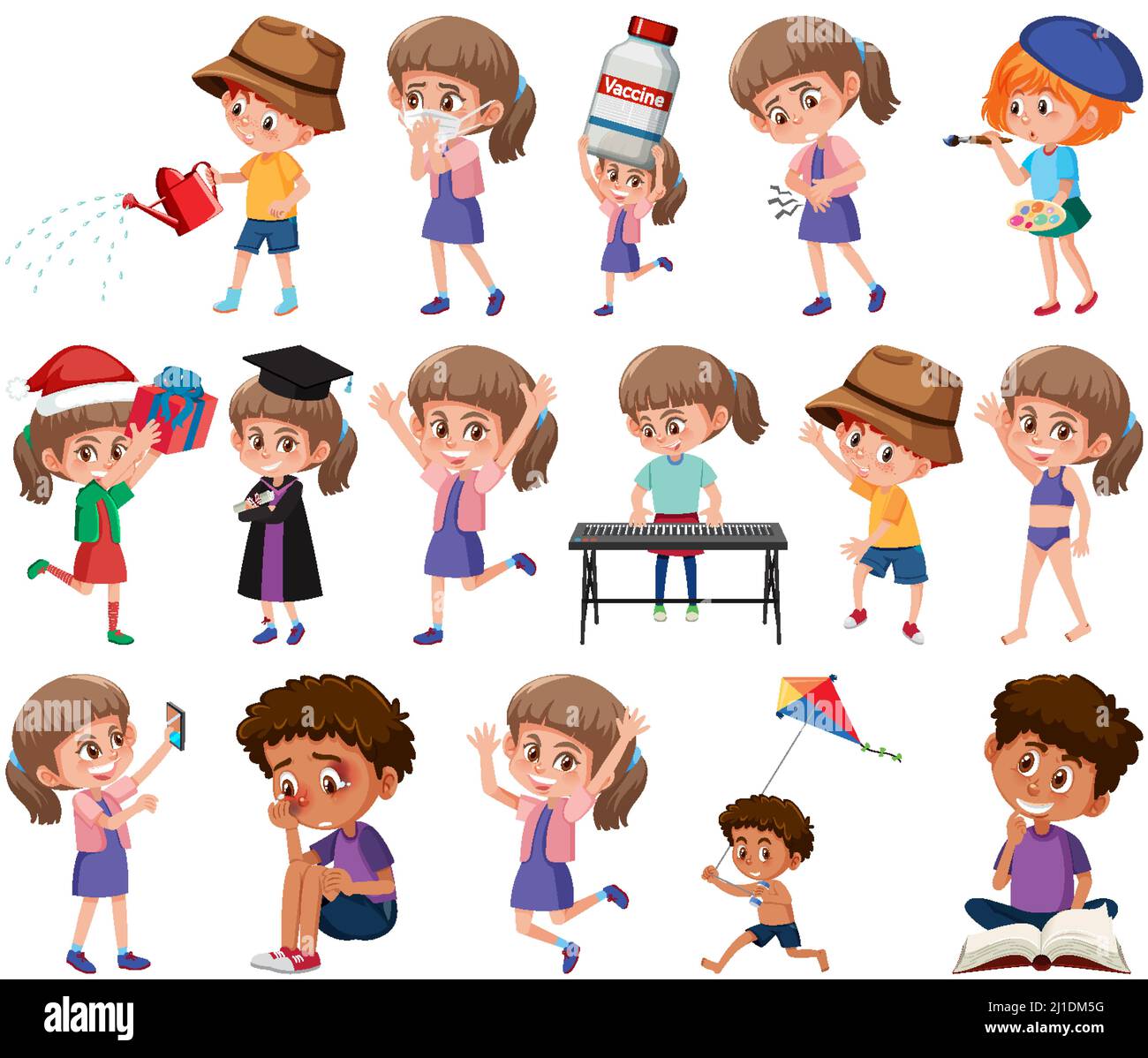 Set of children doing different activities on white background ...