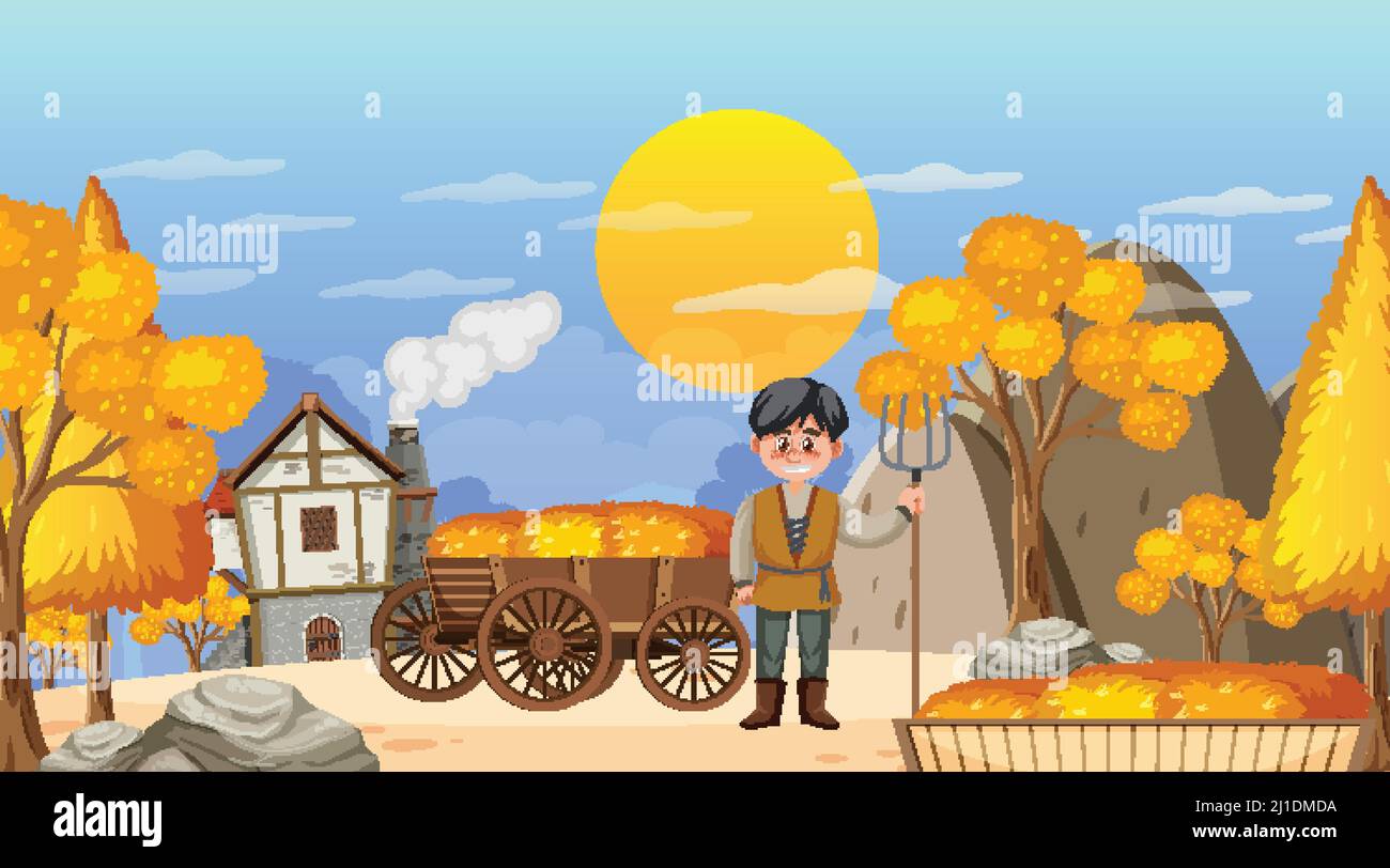 Medieval town cartoon scene with a farmer illustration Stock Vector ...