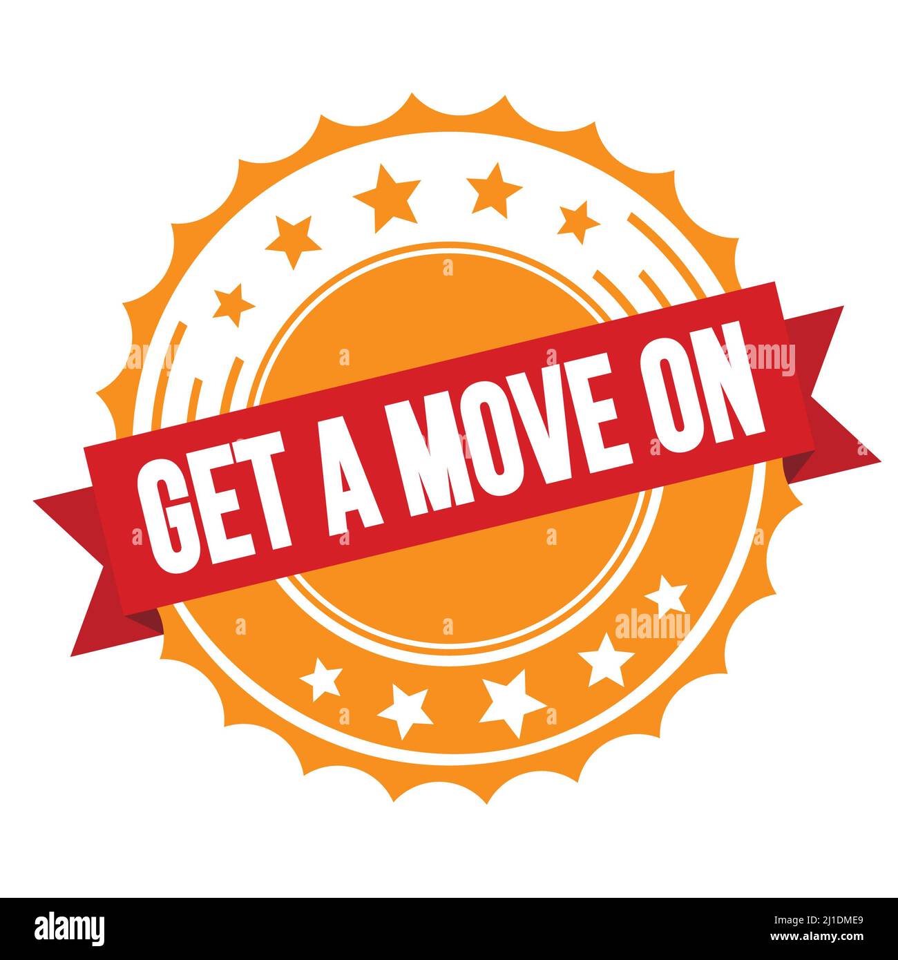 GET A MOVE ON text on red orange ribbon badge stamp Stock Photo - Alamy