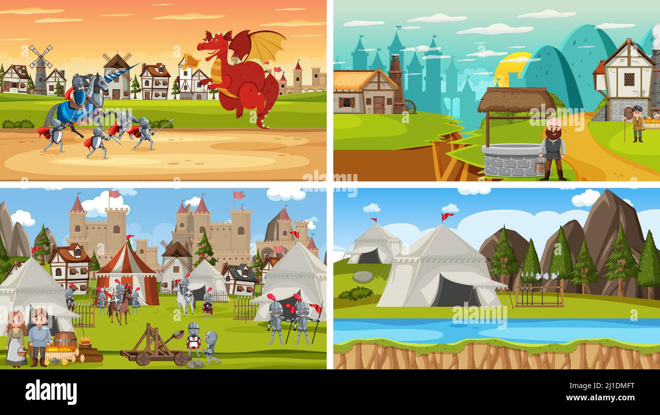 Set of different scene medieval illustration Stock Vector Image & Art ...