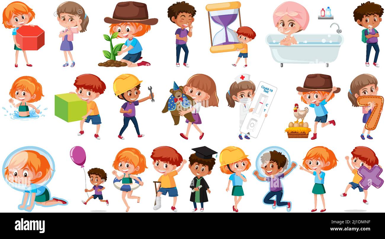 Set of children doing different activities on white background ...