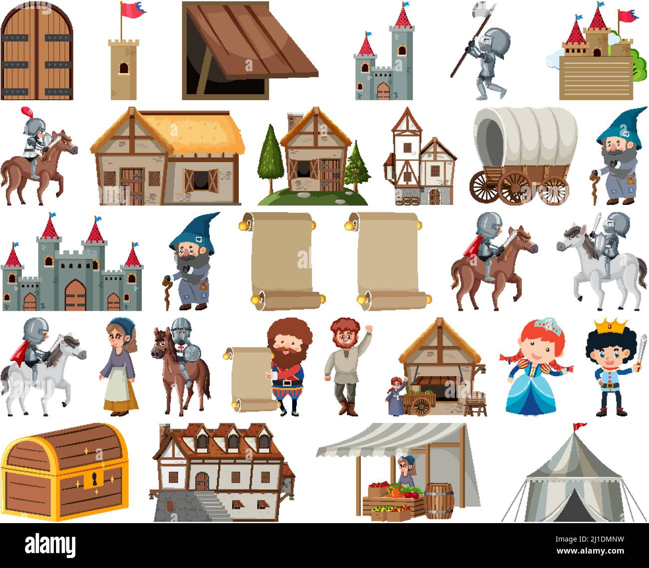Medieval characters buildings set illustration Stock Vector Image & Art ...