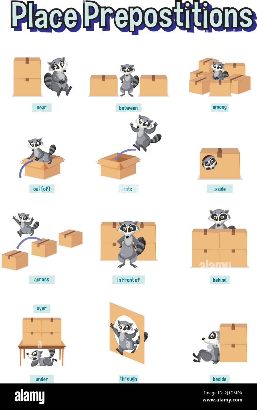 Preposition wordcard with raccoon and box illustration Stock Vector ...