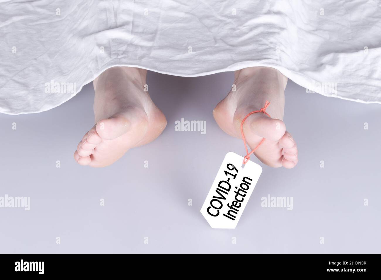 Body with toe tag on white, under a white sheet - Covid-19 infection ...