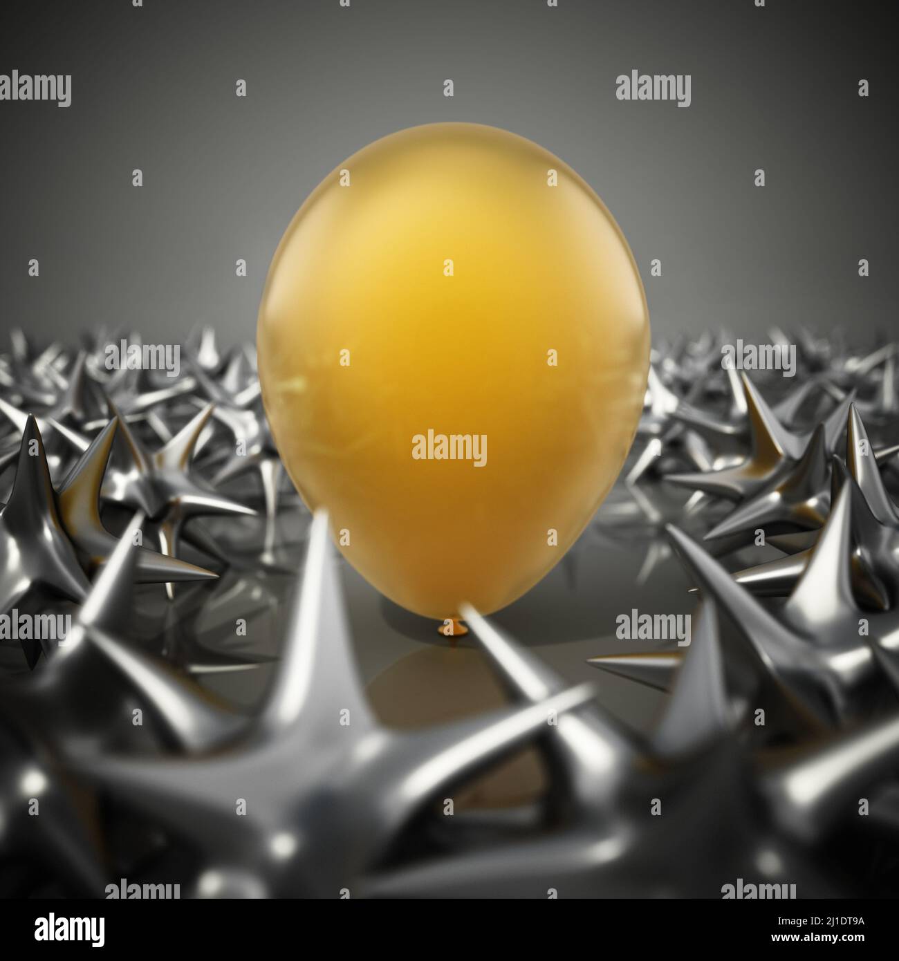Yellow balloon standing among sharp spikes. High risk concept. 3D ...