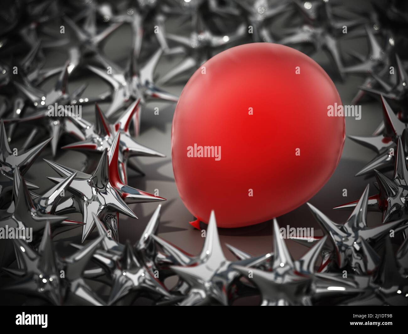 Red balloon standing among sharp spikes. High risk concept. 3D ...