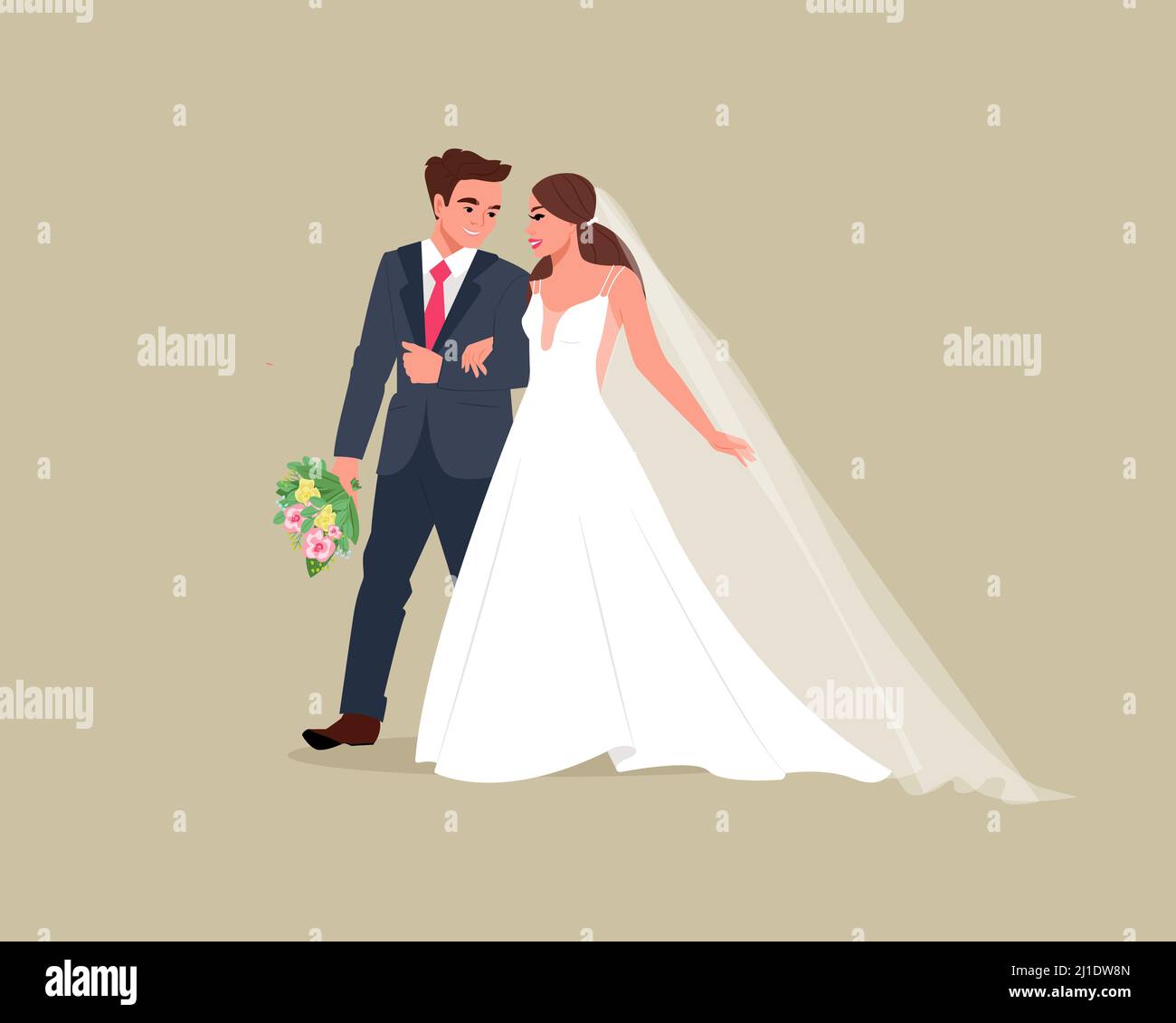Happy brides go holding hands smiling. Wedding invitation. Vector ...