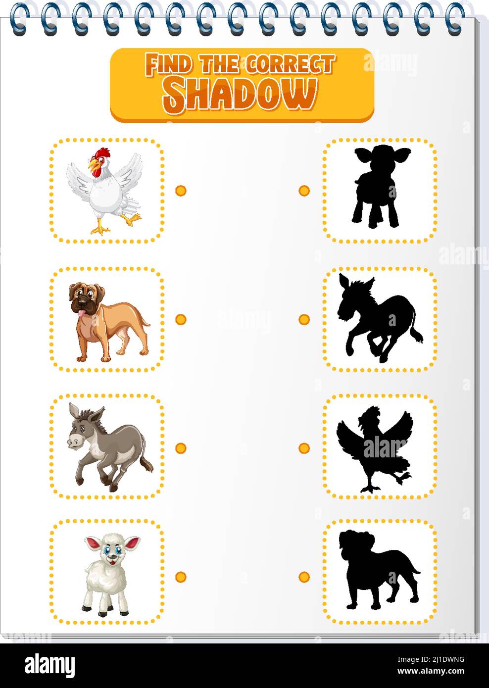 Find the correct shadow with farm animal theme illustration Stock ...