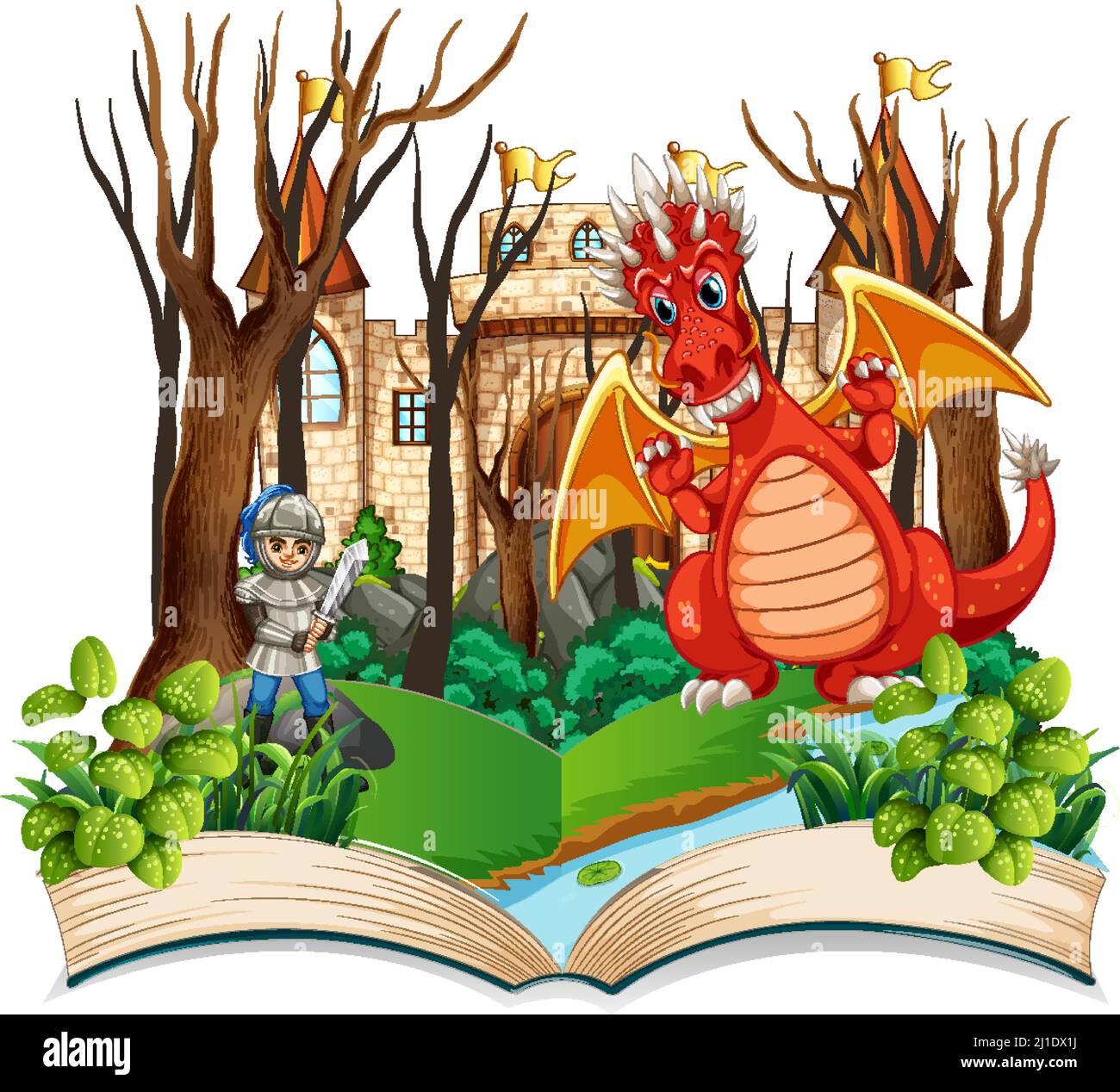 Book with scene of dragon and knight fighting illustration Stock Vector ...