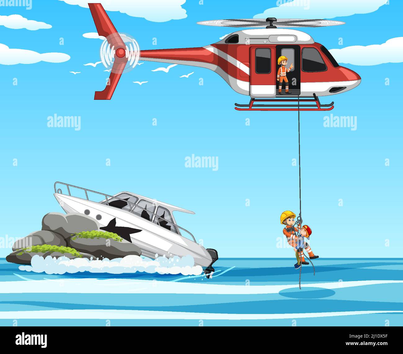 Ocean scene with firerman rescue in cartoon style illustration Stock ...