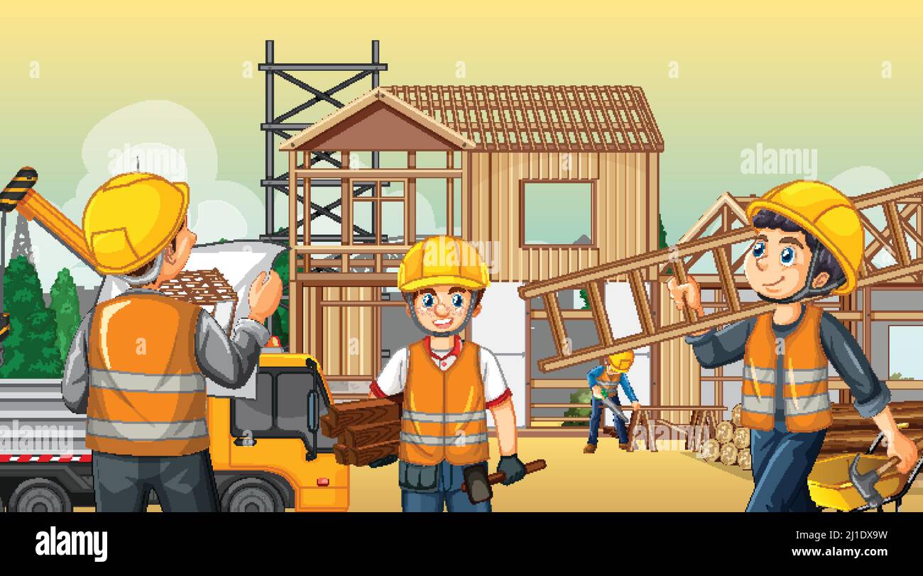 Building construction site with workers illustration Stock Vector Image ...