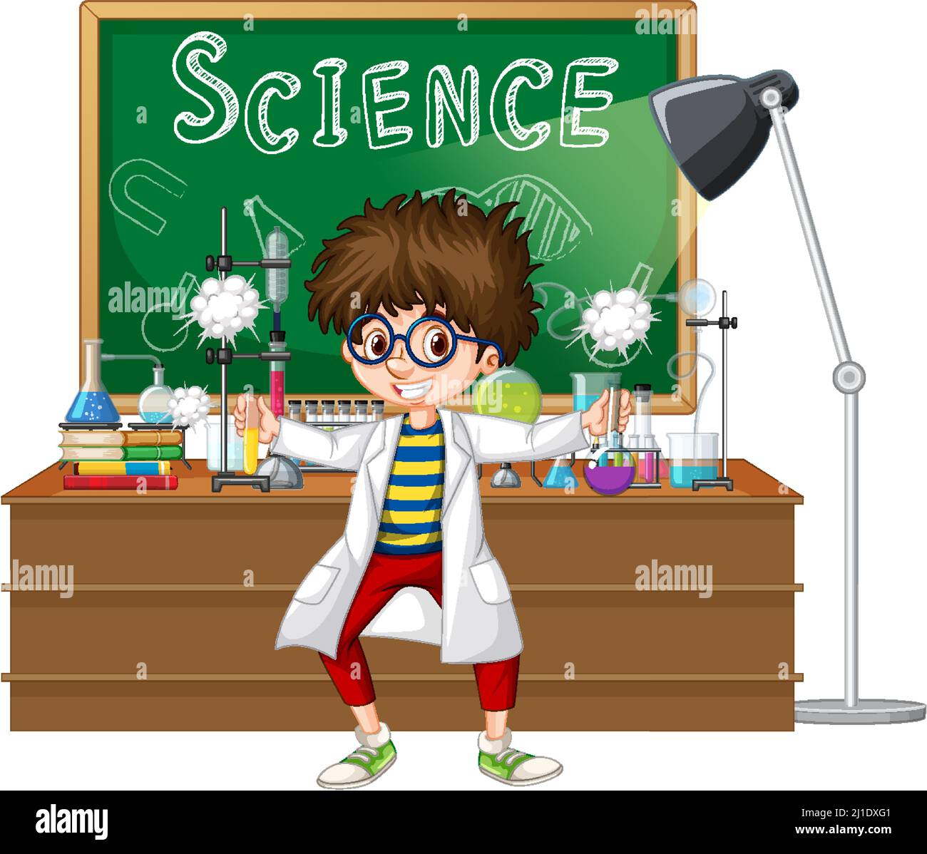 Scientist cartoon character with science lab objects illustration Stock ...