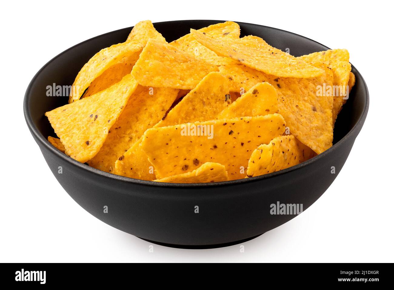 Tortilla chips in a black ceramic bowl isolated on white Stock Photo ...