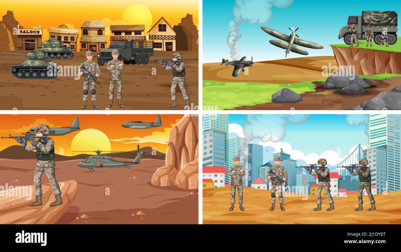 Set of different army war scenes illustration Stock Vector Image & Art ...
