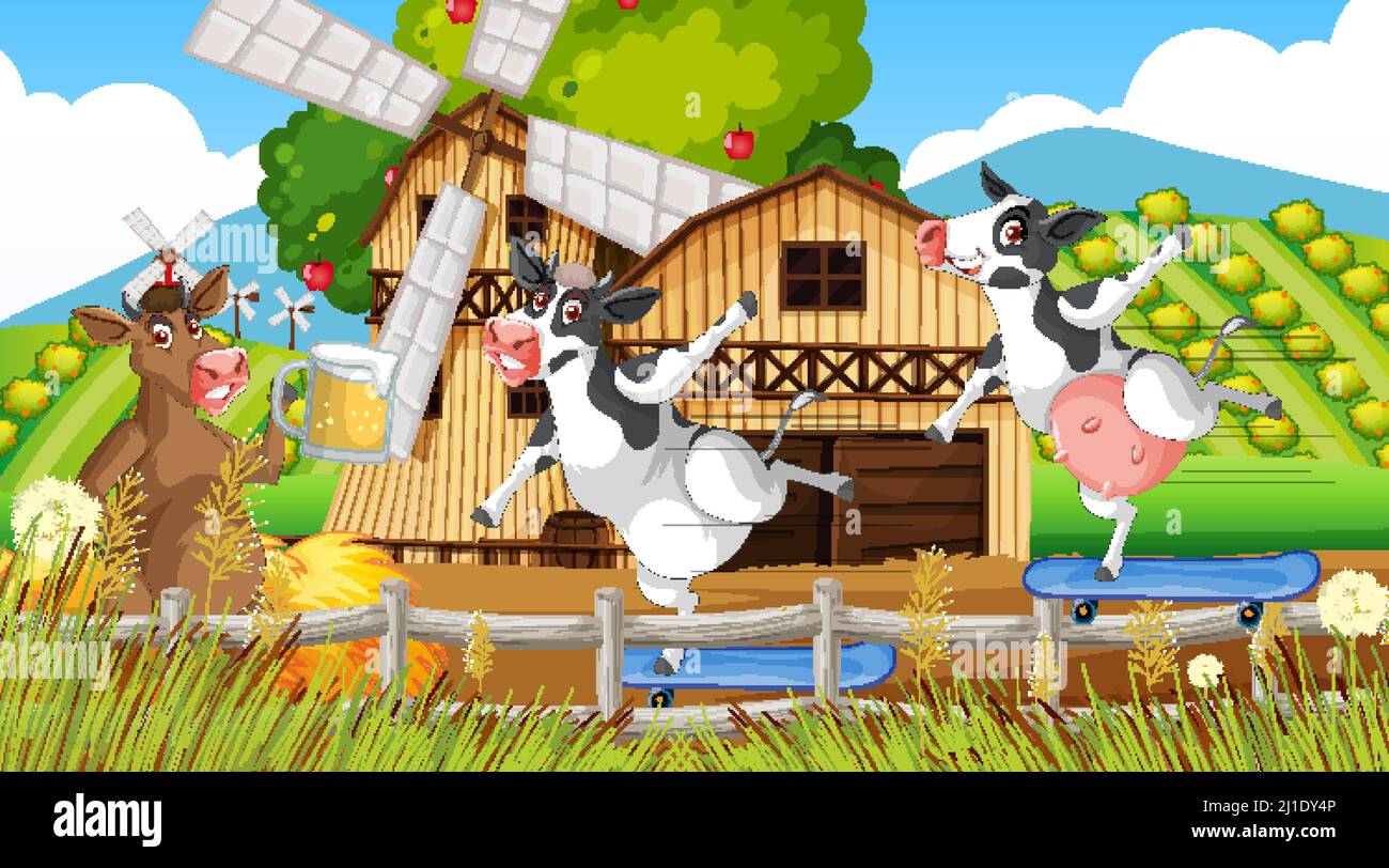 Outdoor cow farm scene with happy animals cartoon illustration Stock ...