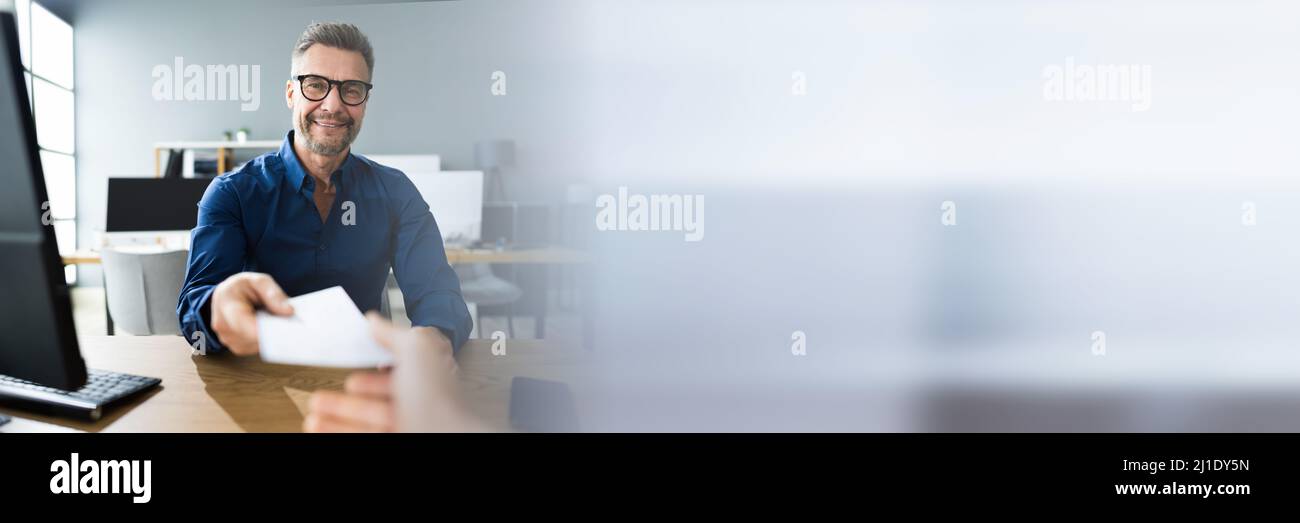 Executive Hand Giving Payment Check Or Compensation Cheque Stock Photo ...