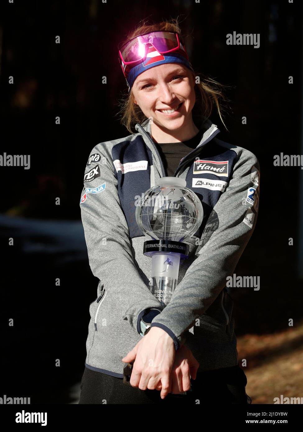 Czech biathlete Marketa Davidova poses with her small Crystal Globe for ...