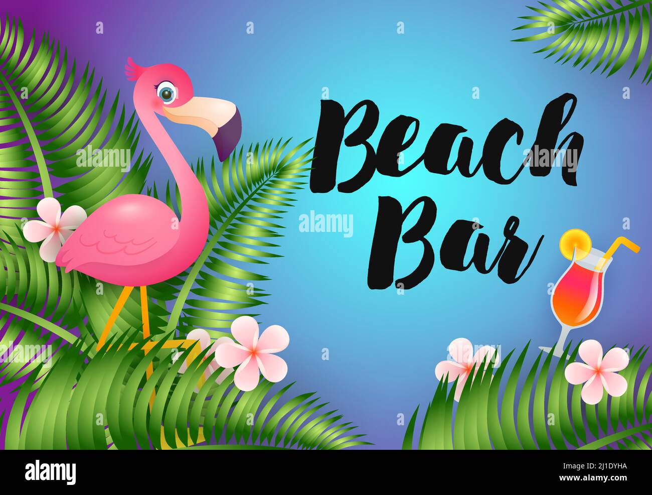 Beach Bar lettering with flamingo and cocktail. Party, summer, holiday ...