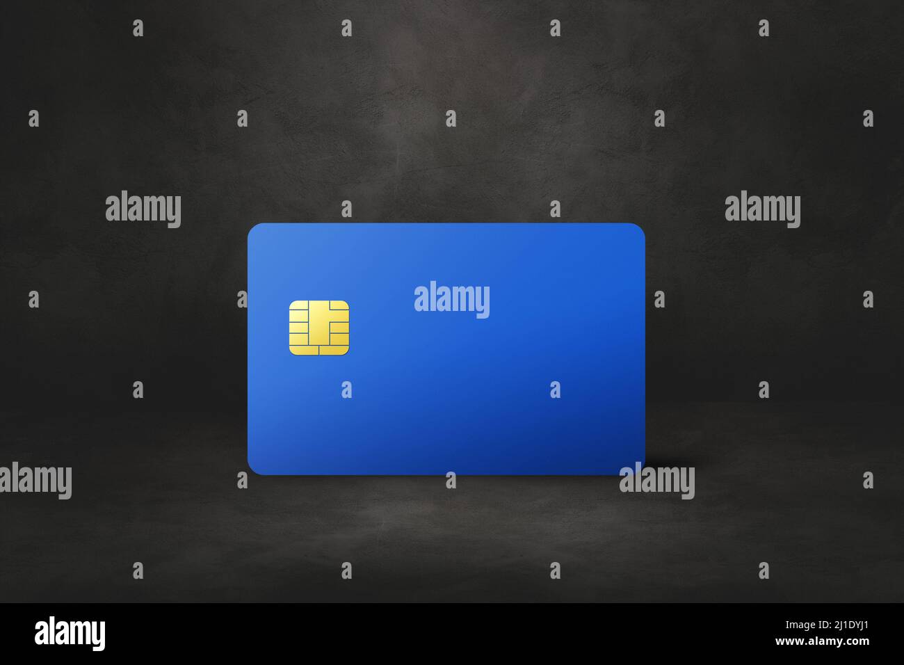 Blue credit card template on a black concrete background. 3D ...