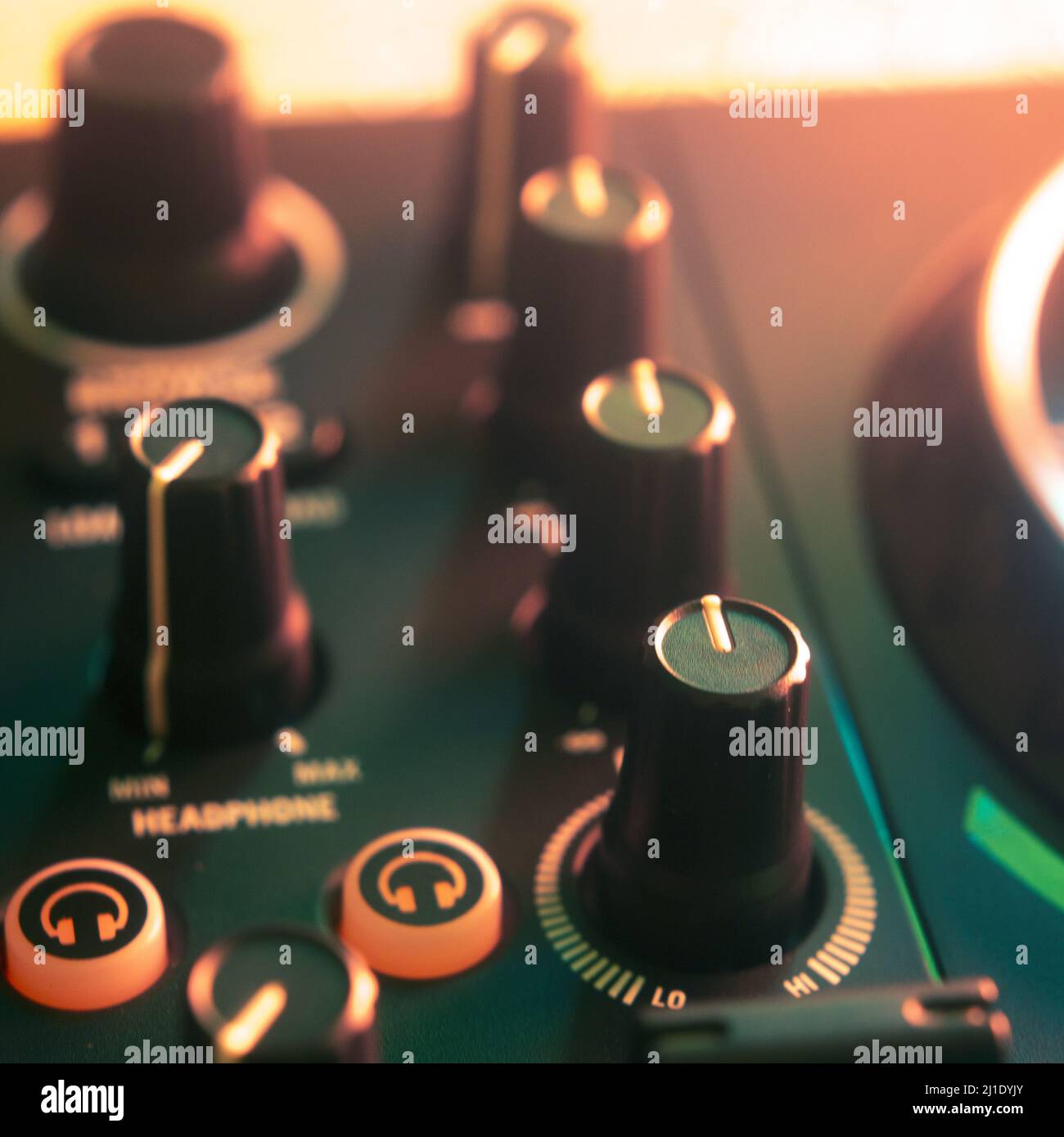 Dj nightclub deejay mixing desk house music on turntables party square ...