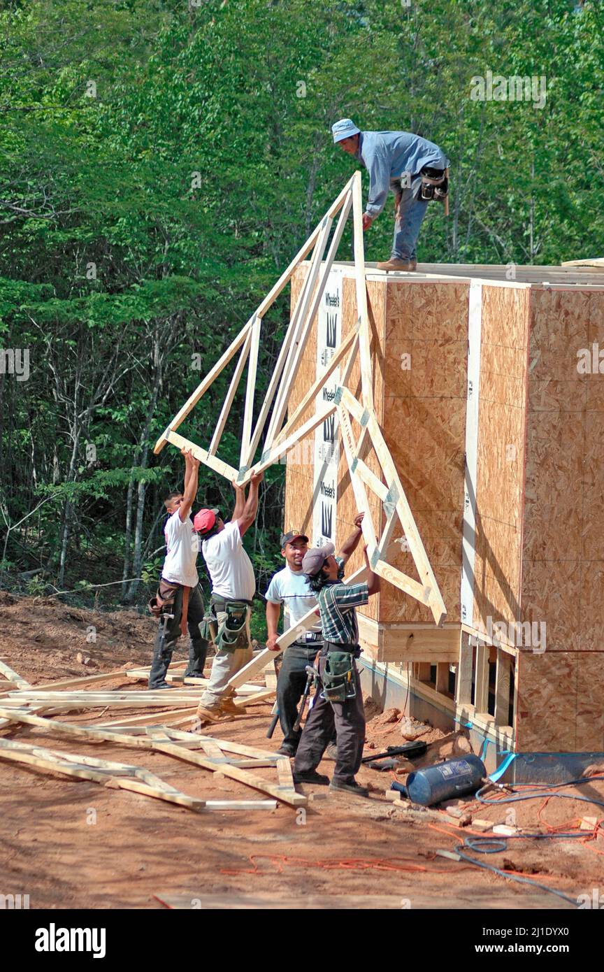 Measuring and cutting wood frame home construction by workers, stick ...