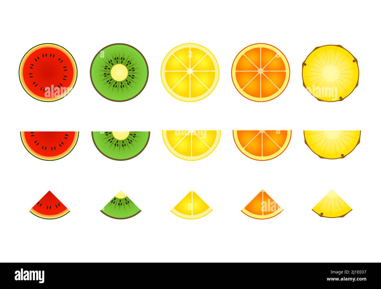 Slices of tropical fruit set. Cut of watermelon, kiwi, lemon, orange ...