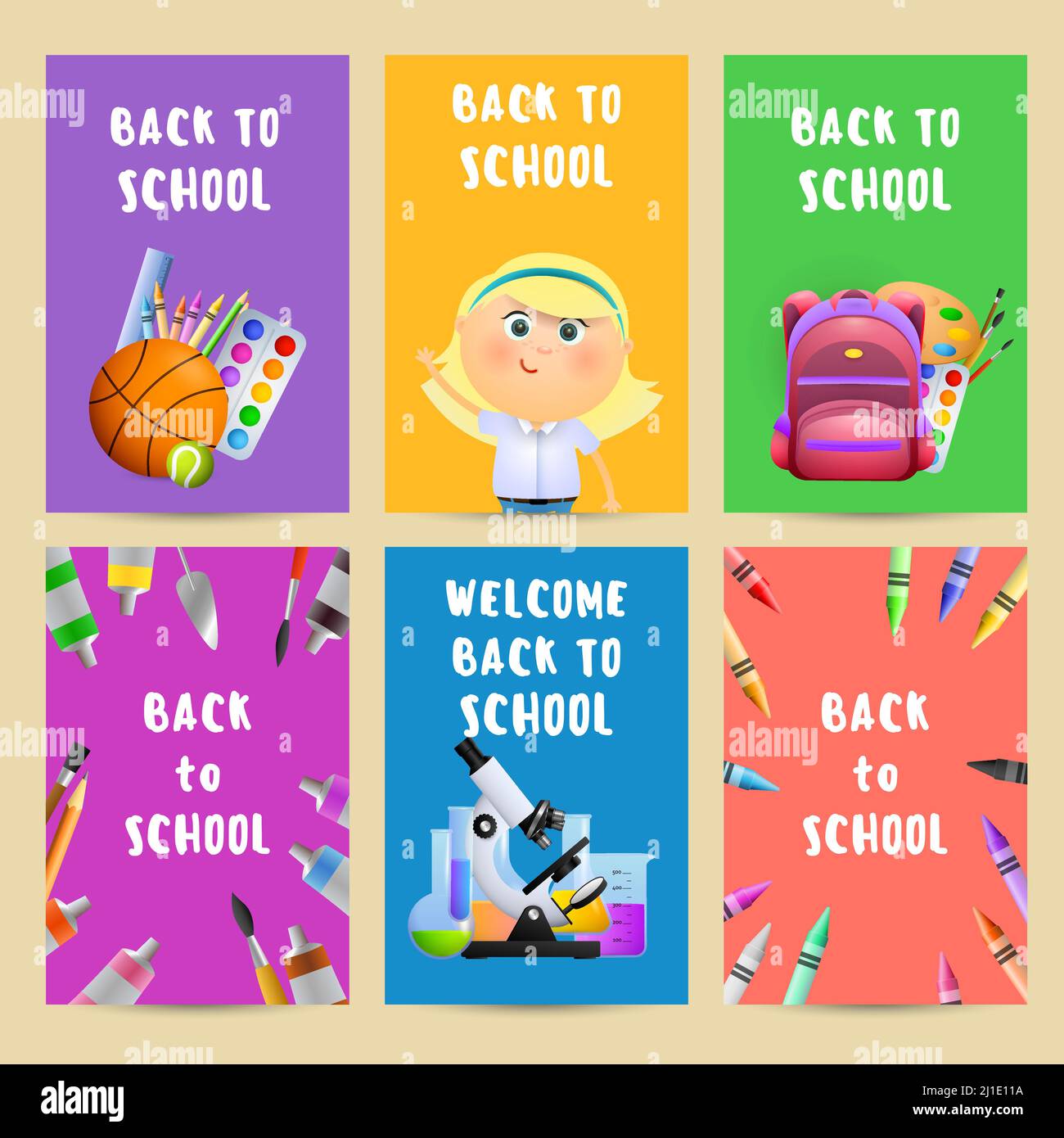 Back to school flyers with backpack, student girl, paints, microscope ...
